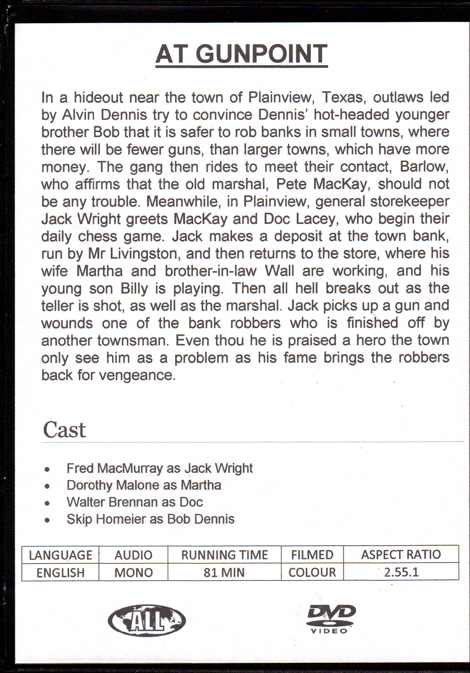 AT GUNPOINT - FRED MACMURRAY NEW ALL REGION DVD