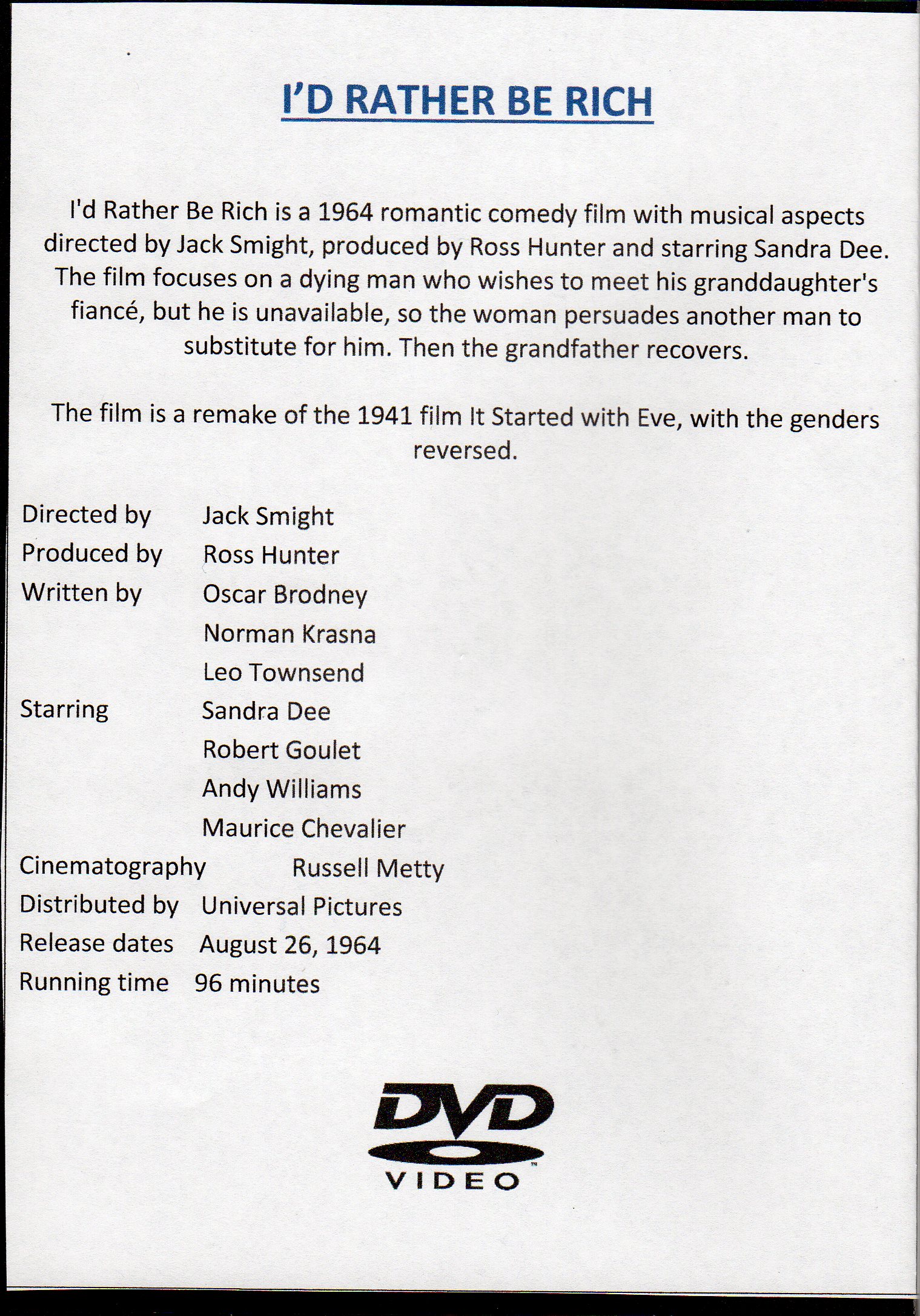 I'D RATHER BE RICH - SANDRA DEE & ROBERT GOULET ALL REGION DVD